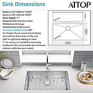 ATTOP 32 Inch Undermount Kitchen Sink With Faucet,Stainless Steel Kitchen Sink Undermount Single Bowl Sink
