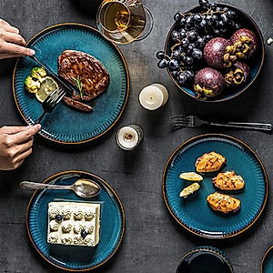 GagalU Dinner SetsFine Dinnerware Set,Dinnerware Set,Blue Porcelain Dinnerware Sets, Ceramic Plates and Bowls Dinner Sets, Modern Reactive Glaze Stoneware Dishes Set for Kitchen/Dining,28 piec