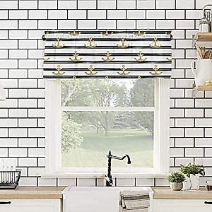 MUENINELE Kitchen Curtain Valance, Gold Anchor Nautical Black White Stripes Rod Pocket Window Treatment Decor Curtains for Living Room Bedroom, 54" W x 18" L, 1 Panel