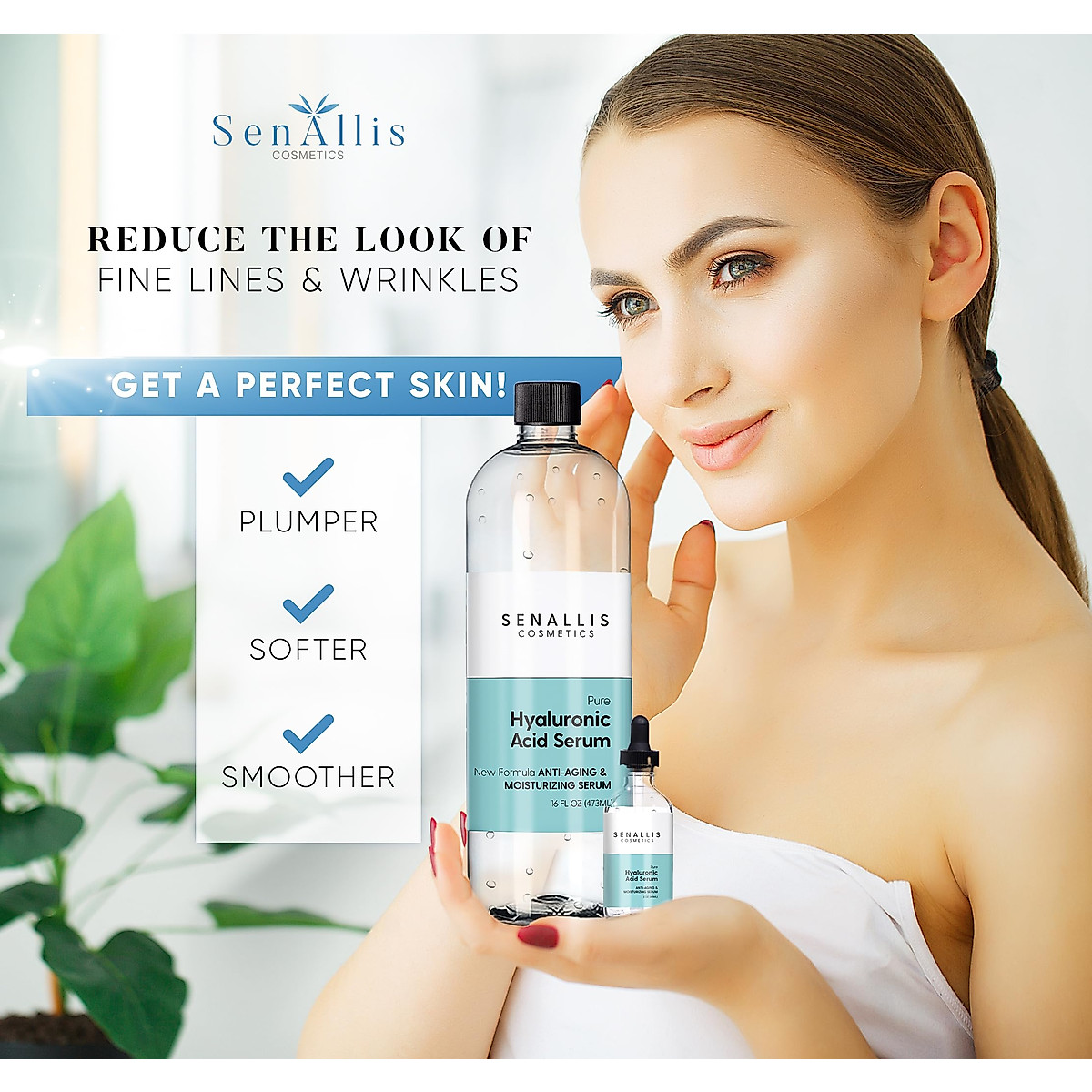 Hyaluronic Acid Serum 16 fl oz And 2 fl oz, Made From Pure Anti Aging/Wrinkle, Ultra Hydrating Moisturizer That Reduces Dry Skin Manufactured In USA