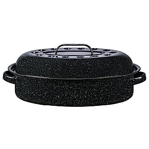Bovado USA 15.25" Inch 12 lb Capacity Enamel Oval Turkey Roaster Pan + Lid - Thanksgiving Gift, Covered, Non-sticky, Chemical Free, Dishwasher Safe - (14.5 Inch Inner) Rôtissoire (Capacité de 5.45 kg)