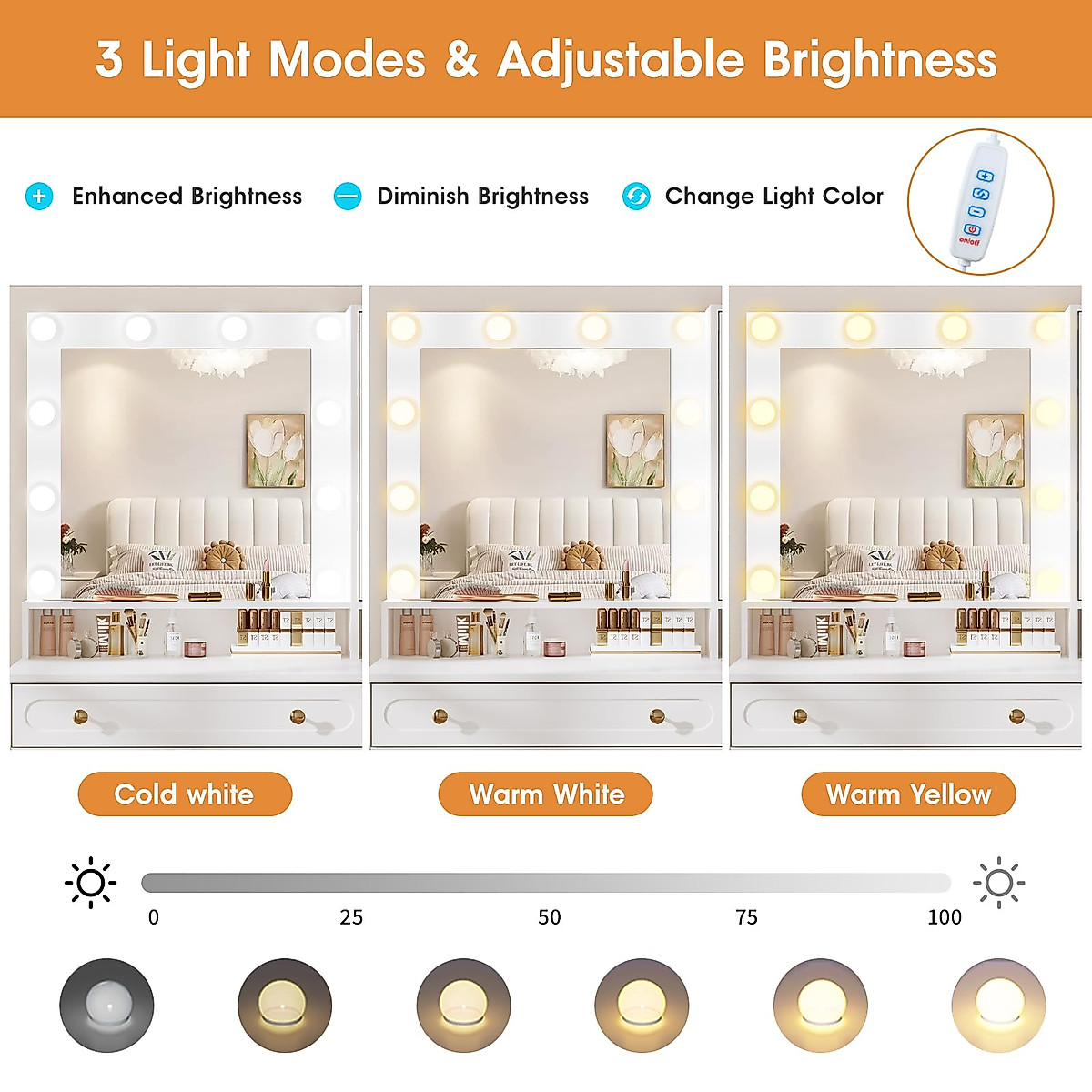 Mauqvit Vanity Desk with Mirror and Light，Vanity Desk with 2 Large Drawers, 2 Large Storage，Charging Station and 10 Lights 3 Lighting Modes Adjustable Brightness Dresser, White