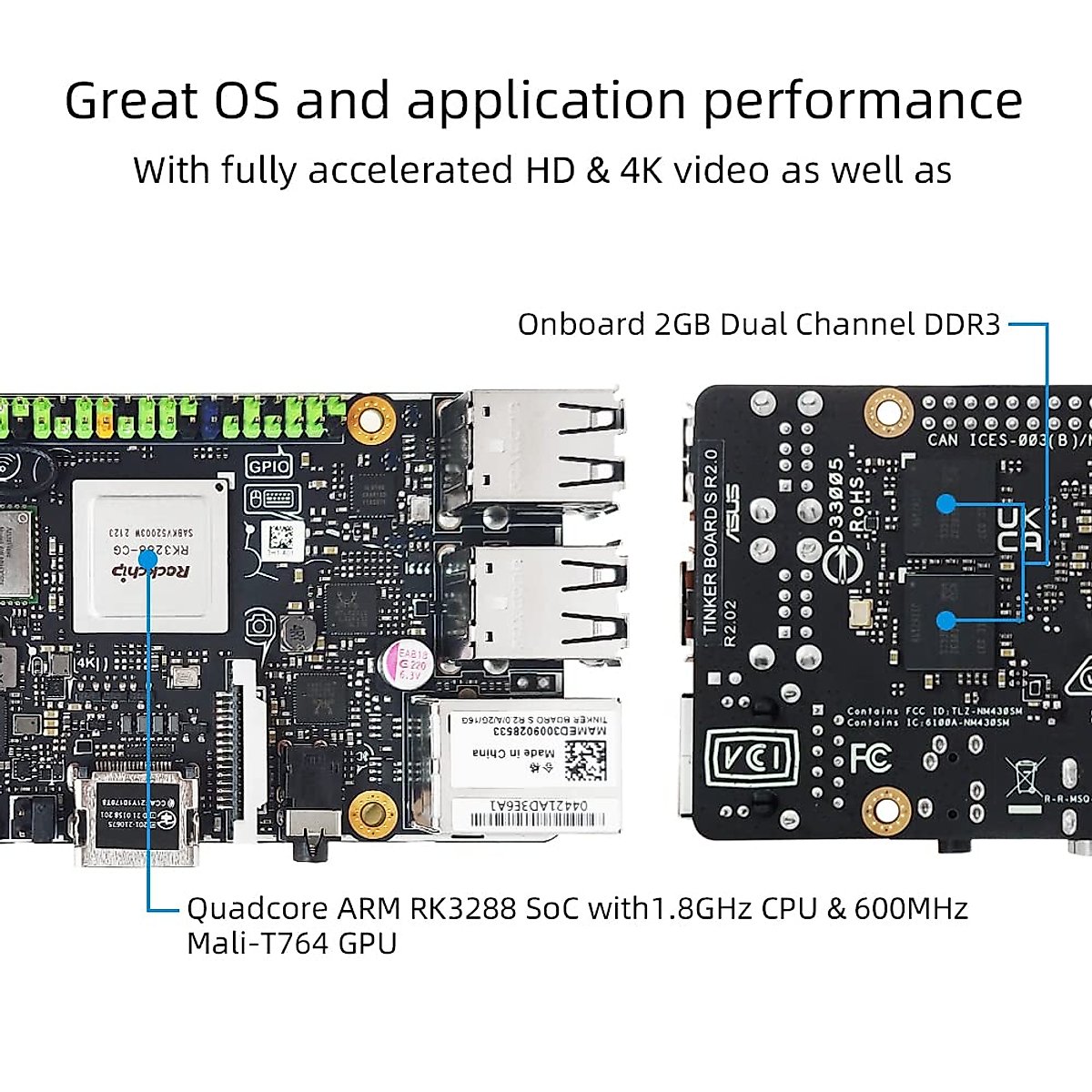 Tinker Board S R2.0 Single Board Computer RK3288 SoC 1.8GHz Quad Core CPU, 600MHz Mali-T764 GPU, 2GB LPDDR3 & 16GB eMMC Motherboard