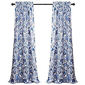Lush Decor Cynthia Jacobean Darkening Window Curtains Panel Set for Living, Dining Room, Bedroom (Pair), 95" L, Blue