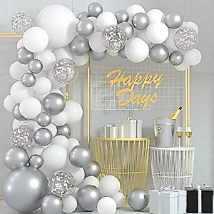 FEPITO 108 Pcs White Silver Balloon Garland Arch Kit 5 10 12 18 Inches Pastel White Silver Confetti Balloons for Birthday Wedding Bridal Showers Baby Shower Party Decorations
