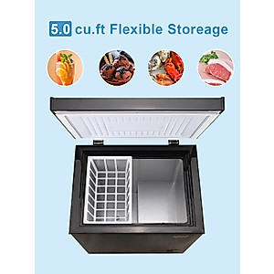 Krib Bling 5.0 Cu.Ft Chest Freezer with 7 Gears Temperature Control(-16°F to -48°F), Deep Compact Freezer with a Removable Basket, for House, Kitchen, Garage, Basement, Shop, Black