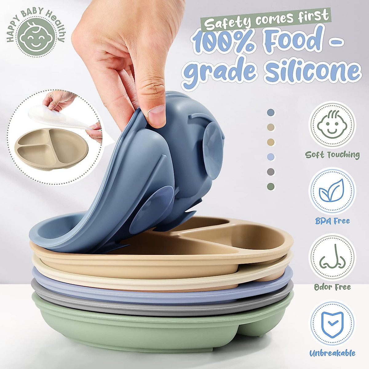 Meanplan 6 Pack Suction Plates with Lids Silicone Baby Plates Toddler Plates Divided Design Stay Put with Suction Feature BPA Free Microwave and Dishwasher Safe Assorted Colors (Elegant Colors)