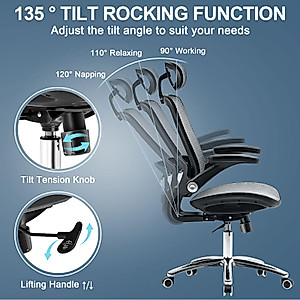 Ergonomic Mesh Office Chair for Tall People, High Back Mesh Chair with Adjustable Flip Up Armrest & 2D Headrest &, 135°Tilt Function, Mesh Seat, Swivel Executive Task Chair for Home 350lb