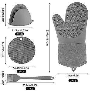 Guiqulai 7 Pcs Oven Mitts and Pot Holders Set, Extra Long Silicone Oven Glove, Heat Resistant Waterproof Kitchen Gloves, Kitchen Mittens with Mini Oven Gloves and Brush for Cooking Baking BBQ
