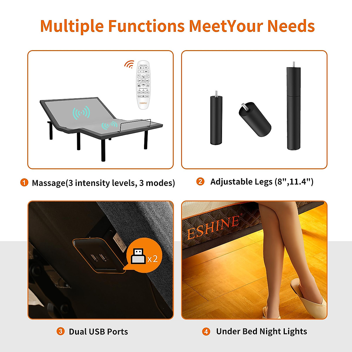 ESHINE Adjustable Bed Frame Smart Bed Queen - Quick Installation in 5 Minutes Electric Bed Base with Massage, Ergonomic Foot&Head Incline, Zero Gravity, Dual USB Ports, Under Bed Light, Queen