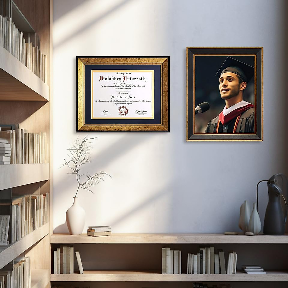 VIOLABBEY 8.5x11 Diploma Frame Black, 8.5 x 11 Certificate Frame with Mat or 11x14 College Degree Frames without Mat, Wall or Tabletop Display, Tempered glass (Red Gold Double Mat)