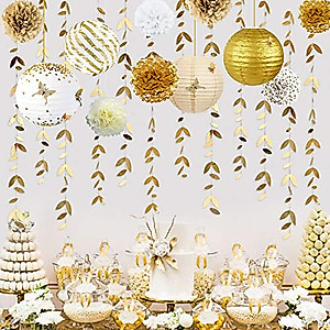 White and Gold Party Decoration Kit Lanterns Flowers Pom Pom with Gold 3D Butterfly Stickers and Leaf Garland Streamers for Birthday Engagement Wedding Bridal Shower Bachelorette Party Decor Supplies