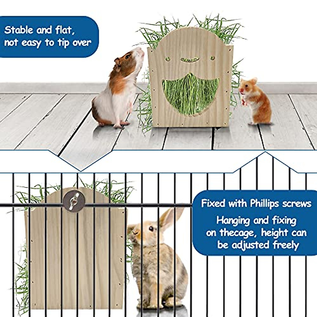 Hamiledyi Wood Rabbit Hay Feeder for Cage Bunny Hay Manger Rack Small Animals Feeding Holder Wooden Grass Dispenser with Chew Toys for Guinea Pig Chinchilla Hamster 9Pcs