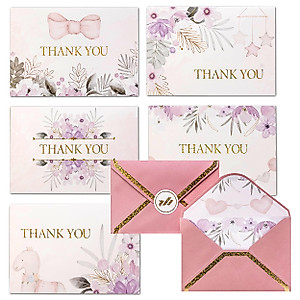 Only Zest Blank Thank You Cards with Envelopes Bulk, 50 Pack Elegant Baby Shower Thank You Cards with Stickers- Baby Girl Thank You Notes for Baptism, Birthday, Bridal Shower