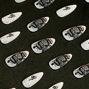 IMSOHOT Matte Long Press on Nails Almond Stiletto Snake Fake Nails Full Cover Black False Nails with Designs White Glue on Nails Acrylic Nails for Women