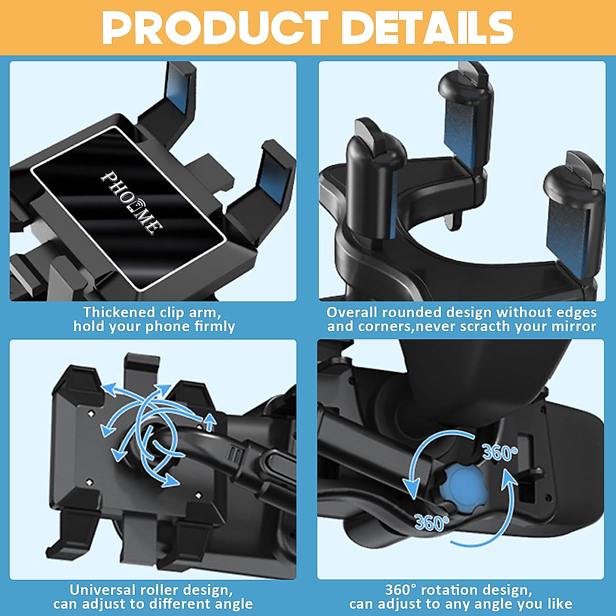 TEETSY Rearview Mirror Phone Holder for Car,Rotatable and Retractable Car Phone Holder Mount 2023 Upgraded Multifunctional 360° Rear View Mirror Phone Holder Pro Clip Car Mirror Phone Holder Mount