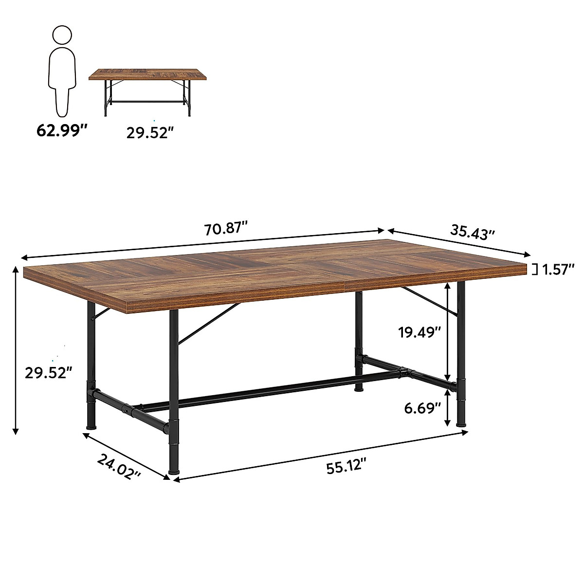 Tribesigns Dining Table for 6-8 People, 70.9-Inch Rectangle Wood Kitchen Table with Tube Metal Frame, Rustic Large Dining Room Table for Kitchen, Living Room