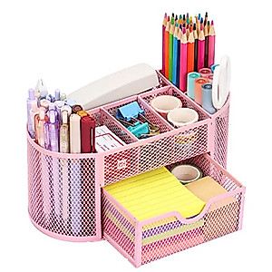 EOOUT Pink Desk Accessories, Pen Holder for Desk, Mesh Desk Organizer with 8 Compartments and 1 Drawer for Office Home School Classroom