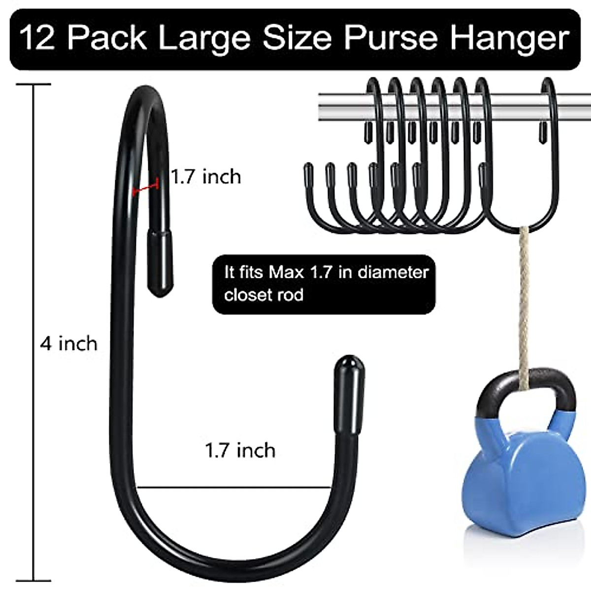 12 Pack Purse Hanger for Closet, Twist Design Bag Hanger Purse Hooks Closet Organizer, Large Closet Rod S Hooks for Hanging Bags, Purses, Handbags, Belts, Hats, Plants, Pots (Black)