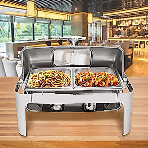 110V 400W Electric Chafing Dish Buffet Set Commercial 2-Trays 9QT Chafing Buffet Servers with Two Heating Methods and Clear Roll-Open Lid for Catering, Buffets, Parties