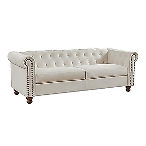80.3'' Chesterfield Sofa, Classic 3 Seat Tufted Upholstered Couch, High-tech Fabric Sleeper Sofa with Nailhead Scrolled Arms for Living Room Apartment Office 80.31" W x 30.31" D x31.88 H (White)