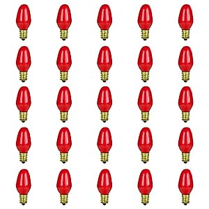 Sunlite 01275 7C7 Incandescent Bulb, 7 Watt, Candelabra E12 Base, C7 Small Night Light, Colored Bulb, Red, 25 Count