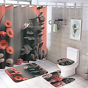 YSINOBEAR Orange Series Shower Curtain Sets with Non-Slip Rug,Toilet Lid Cover and Bath Mat,Orange Flower Shower Curtain Sets with 12 Hooks,Durable Waterproof Shower Curtain.