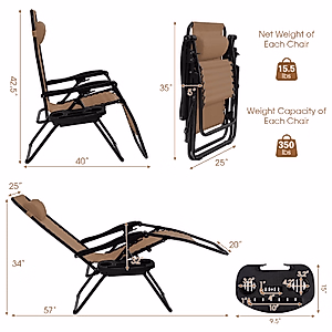 renatone Folding Zero Gravity Reclining Textilene Lounge Chairs, Outdoor Adjustable Patio w/Pillows & Cup Holder Trays for Backyard, Beach, Poolside (BE)