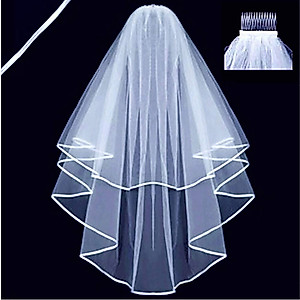 ZIYAN White Double Ribbon Edge Center Cascade Bridal Wedding Veil with Comb