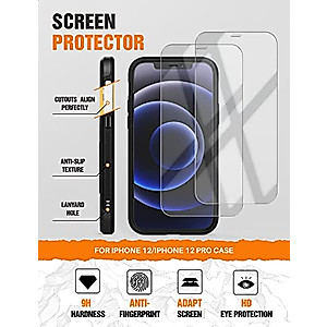 WVM Designed for iPhone 12 Case, Designed for iPhone 12 Pro Case [with 2 Pcs Glass Screen Protector & 2 Pcs Camera Lens Protector] Shockproof Protective Case for iPhone 12/12 Pro 6.1 inch, Black