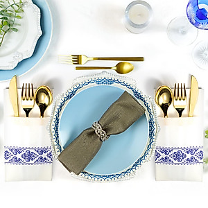 Qilery 100 Pack White Pocket Napkins Paper Dinner Napkins Blue Floral Napkins with Built in Flatware Pocket Disposable Airlaid Paper Napkins Blue Porcelain Linen Feel Dinner Pocket Napkins for Wedding