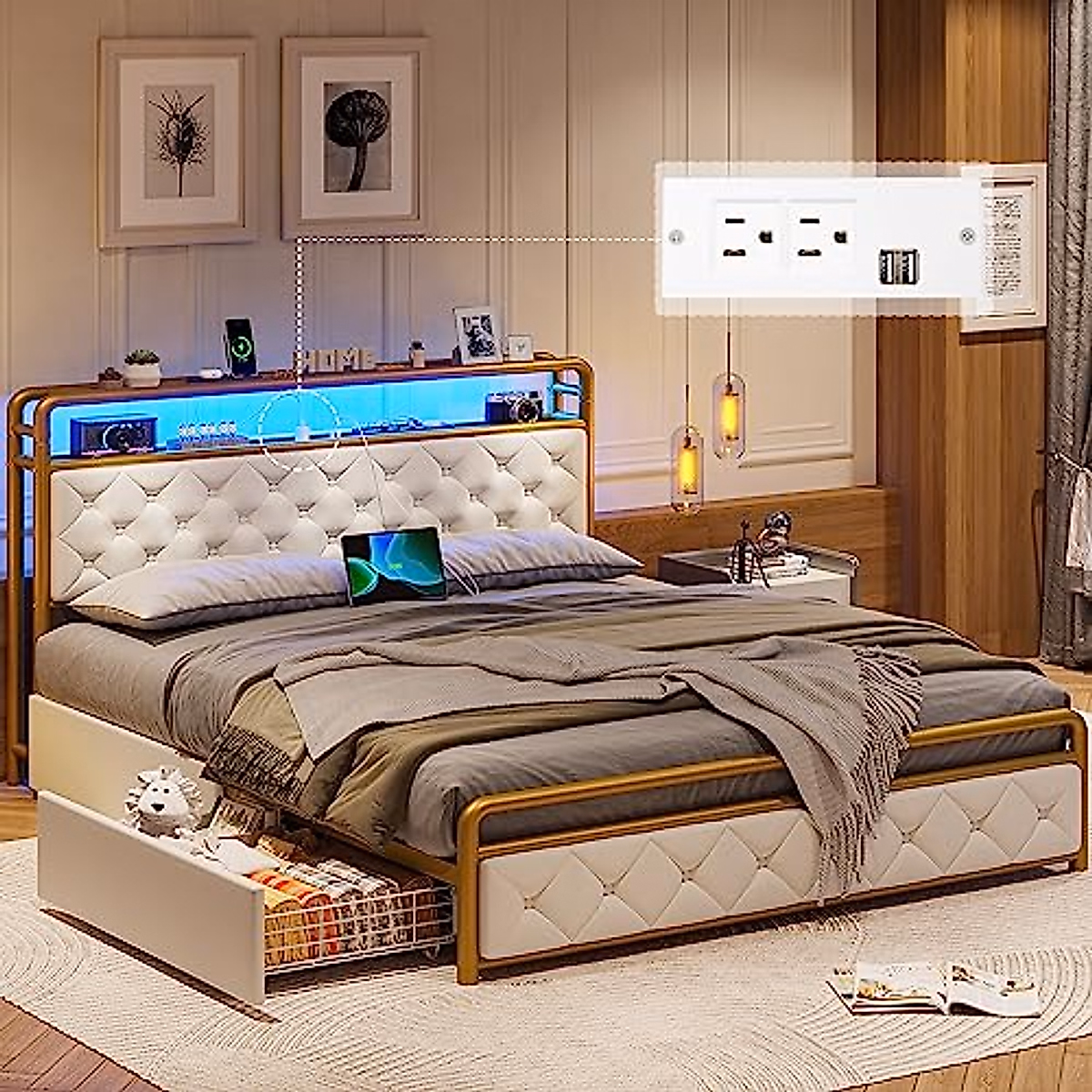 ADORNEVE LED Bed Frame Full with Storage Headboard,Full Size Platform Bed Frame with Charging Station,Bed Frame with Drawers,Velvet Tufted Headboard,Noise-Free,Creamy White & Gold