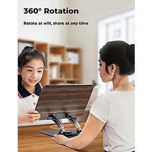 Tounee Book Stand for Reading, Adjustable Book Holder with 360° Swivel Base, Foldable Cookbook Stand Recipe Book Holder with Elastic Page Clips for Music Scores, Recipe, Tablet, Laptop-Gray