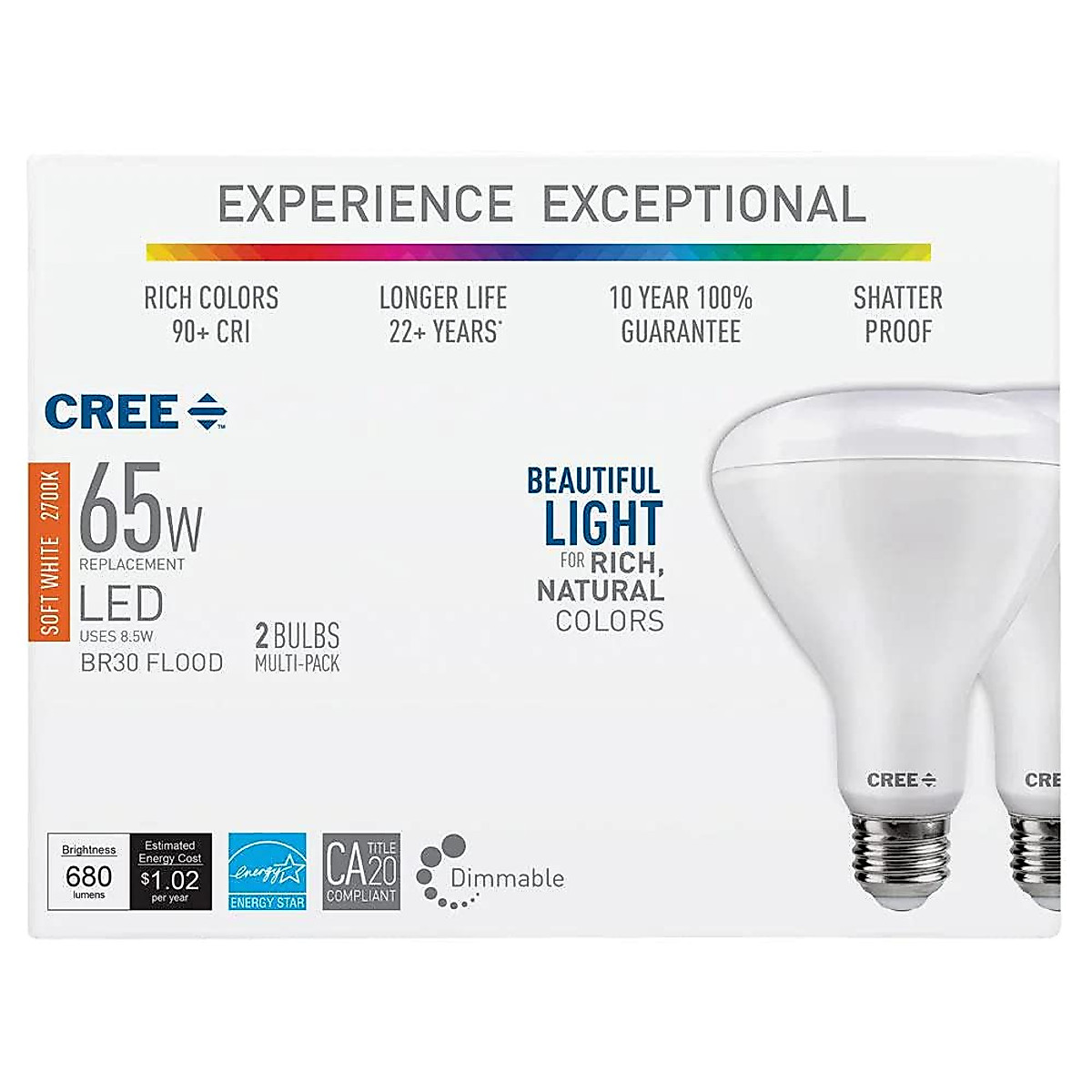 Cree Lighting Exceptional Series BR30 Bulb, 2700K Dimmable LED Bulb, 65W + 680 Lumens, Soft White, 2 Pack