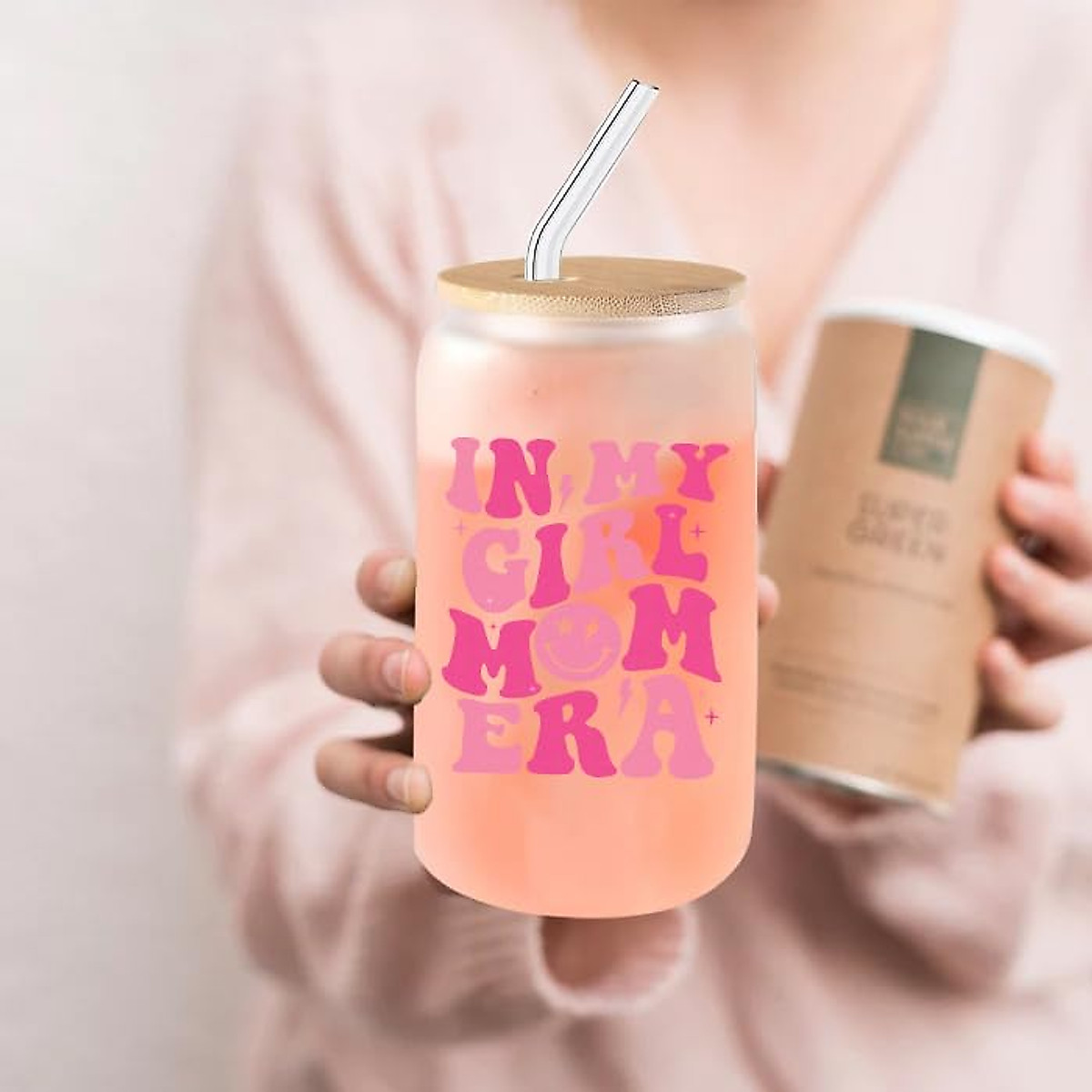 OWSUMER Girl Mom Gifts,New Mom Gifts,Gifts for New Mom,In My Girl Mom Era Glass Cup,Baby Shower Gifts for Mom,New Mom Gifts After Birth,Cool gifts for New Moms-16oz Coffee Glass Cups with Lids Straws