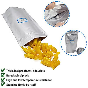100pcs Mylar Resealable Bags for Food Storage with Stickers, Sealable Smell Proof Zip Pouch Bag, Edible Packaging with Double Side Aluminum Foil, 2.6quarts, 1.1quarts, 0.5quarts