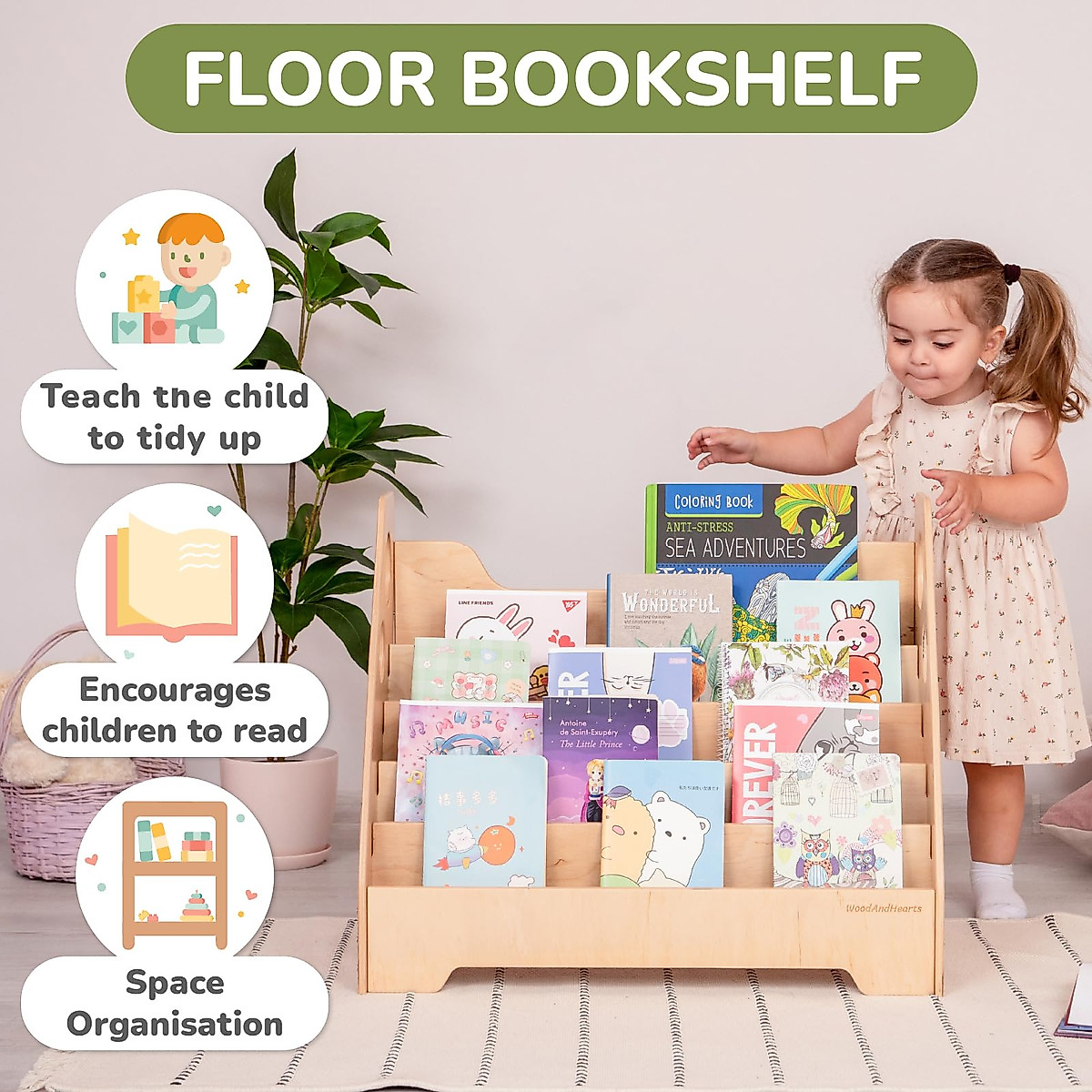 WoodandHearts Kids' Bookcases, Cabinets & Shelves, Nursery bookshelf, Childrens bookshelf, Bookshelf for kids, Montessori Shelf, Preschool Bookshelf, Montessori furniture for 1 year old (Kristi)