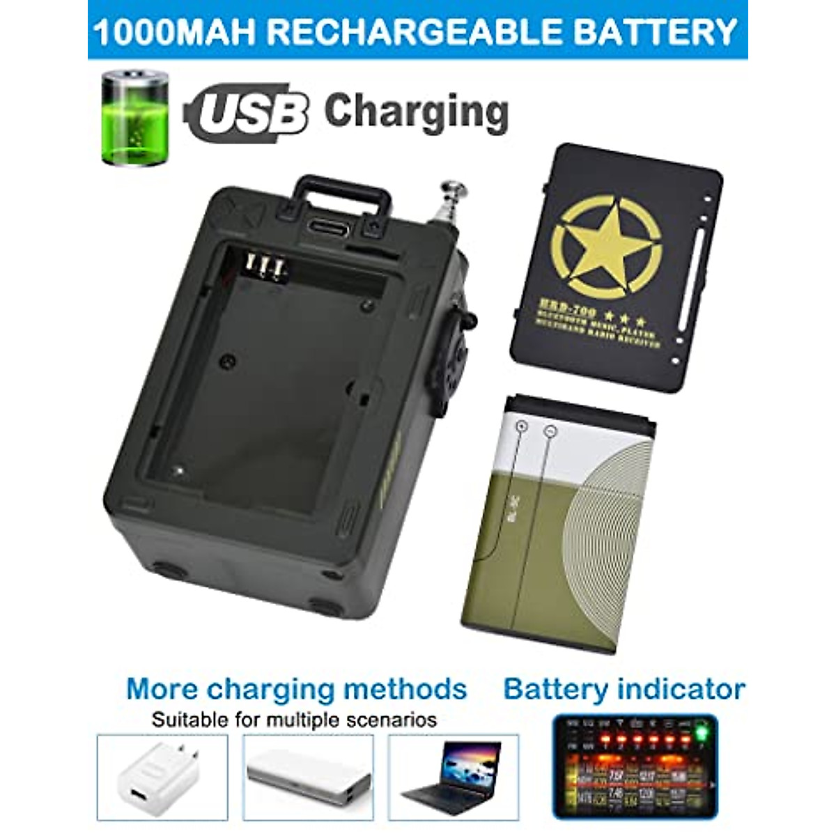 HanRongDa Radio, Bluetooth Speaker Support MicroSD Card, FM MW WB Shortwave Receiver with NOAA Alerts and Sleep Timer, Rechargeable Retro Analog Radios with Backlit and ATS Preset for Camping HRD700