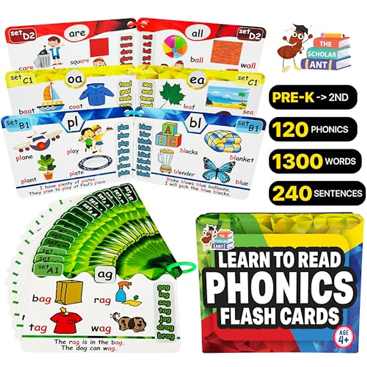 Phonics Flash Cards - Learn to Read in 20 Phonic Stages - Digraphs CVC Blends Long Vowel Sounds - Phonics Games for Kids Ages 4-8 Kindergarten First Second Grade Homeschool Educational