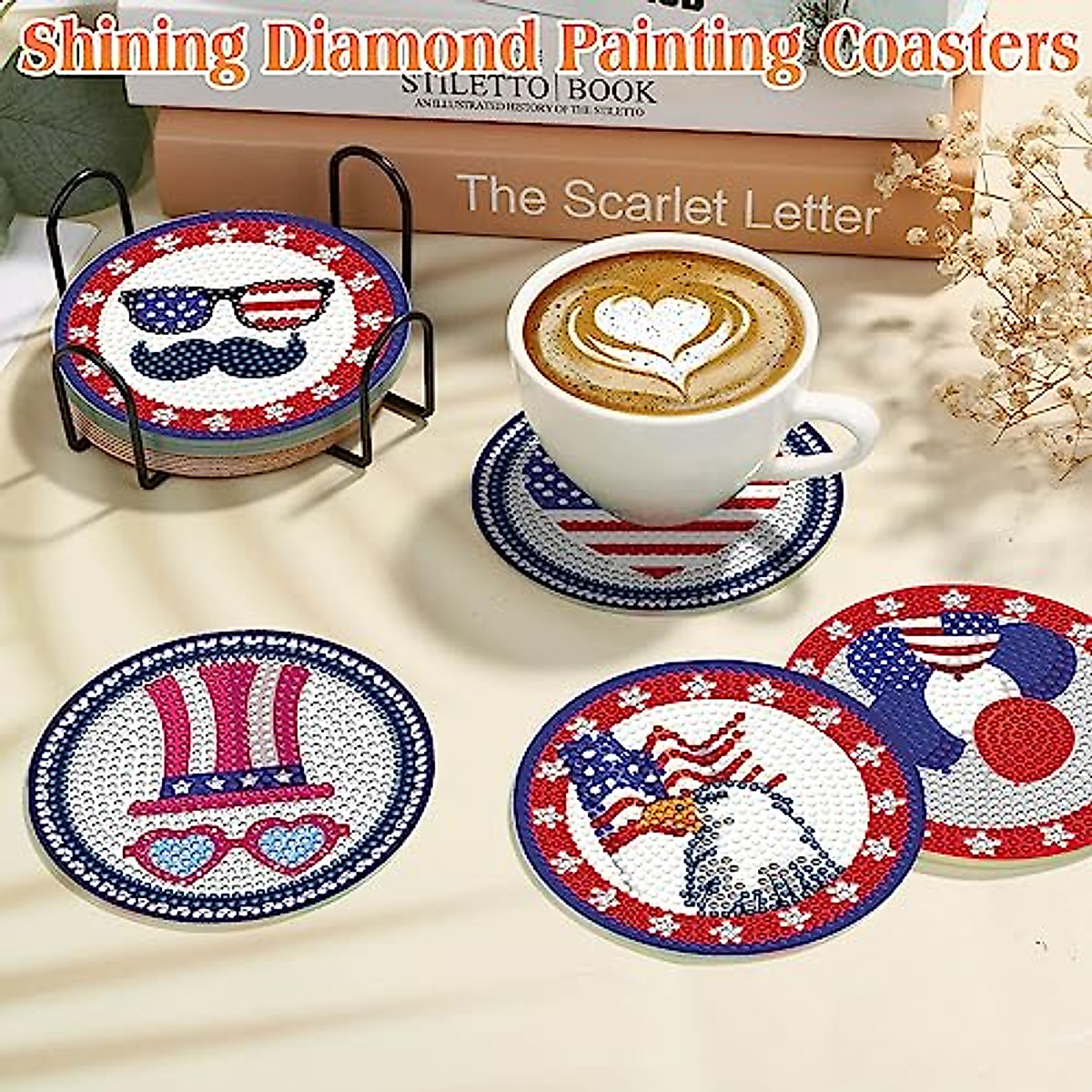 Billbotk 10 Pieces Independence Day Diamond Painting Coasters, Diamond Art Coasters with Holder, DIY Diamond Art Crafts Projects, Diamond Dots Kits for Adults and Beginners