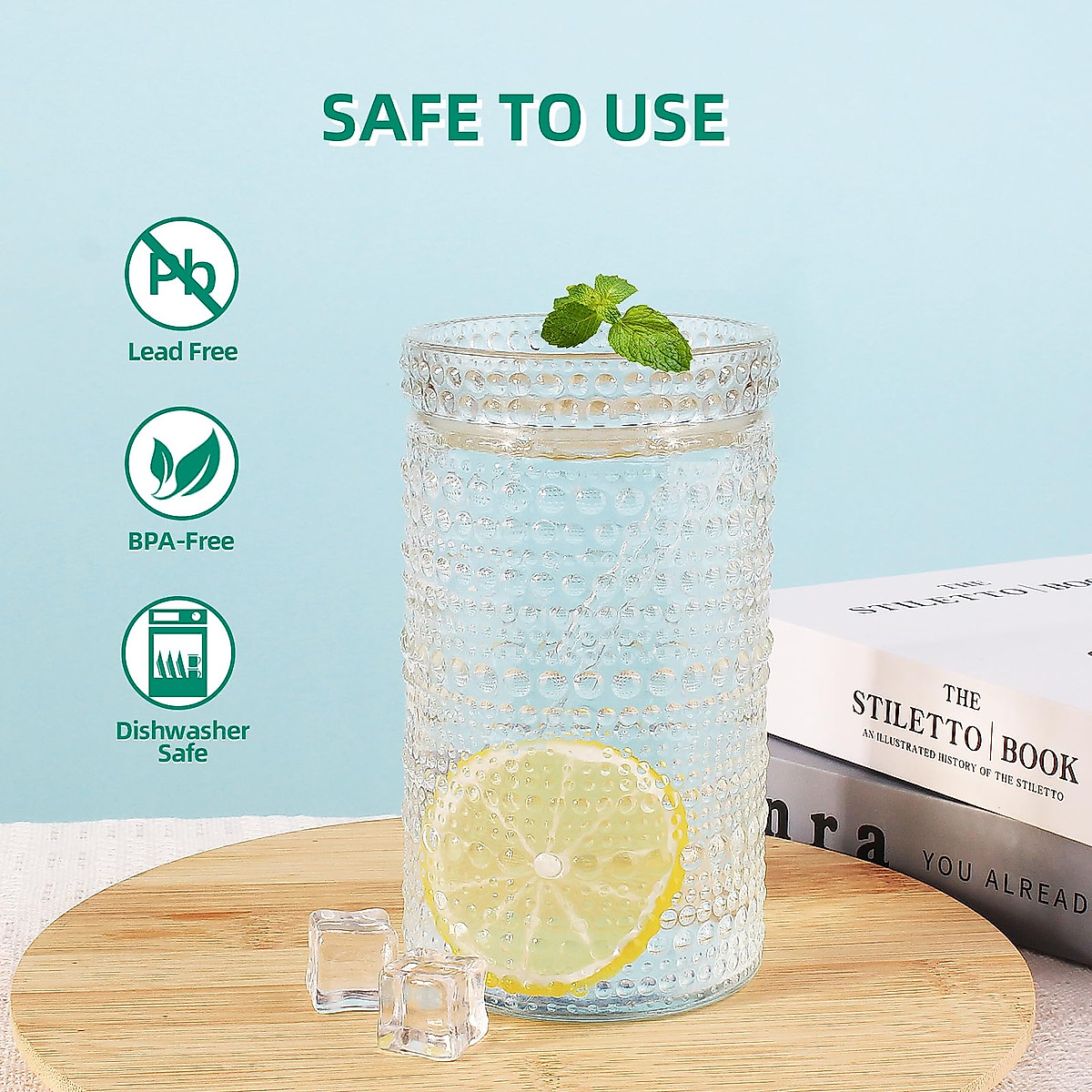 Hobnail Drinking Glasses Set of 8-16oz Handmade Vintage Style Recycled Glass Beaded Cups - For Whiskey, Wine, Cocktails - Vintage Drinking Glasses, Clear