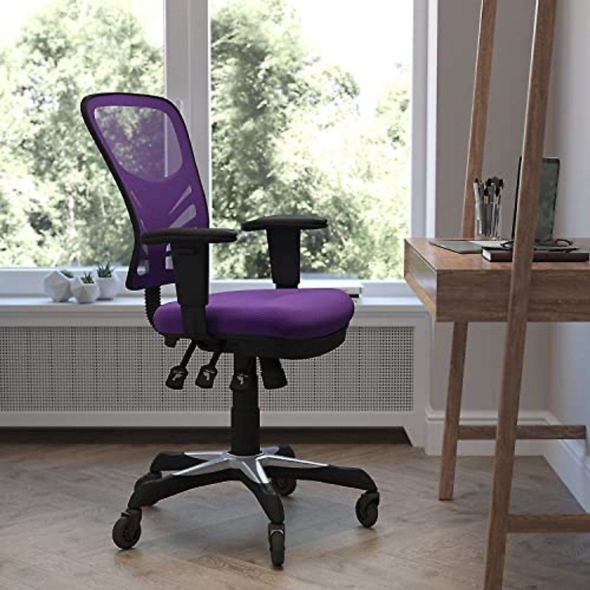 Flash Furniture Nicholas Mid-Back Multifunction Executive Swivel Ergonomic Office Chair with Adjustable Arms, Transparent Roller Wheels, 27", Purple Mesh