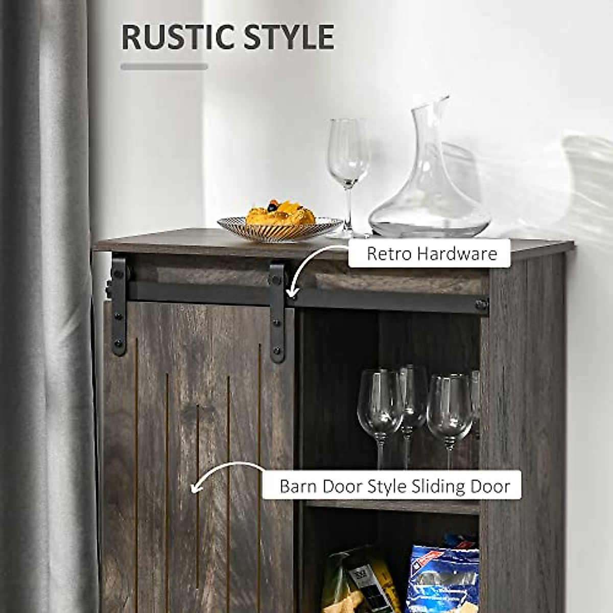 HOMCOM Industrial Sideboard Storage Cabinet, Serving Bar Buffet with Sliding Barn Door and 6-Bottle Wine Rack, Grey
