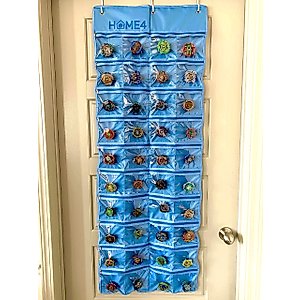 HOME4 Toy Hanging Over The Door Storage Bag - 40 Clear View Pockets - Roll Up for Easy Organizer - Save Space More Than Case Box - Compatible with Beyblade Hot Wheels and More TOYS NOT INCLUDED (Blue)