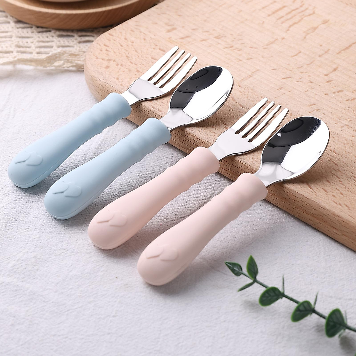 HAKSEN Baby Forks and Spoons Set, 4 PCS Child and Toddler Safe Flatware, Perfect Length for Baby Spoons Self Feeding, Stainless Steel Cutlery with Silicone Handle