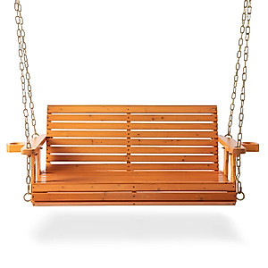 Porch Wooden Swings with Chain - Outdoor Finished Hanging Bench Swing Chair Furniture 2 Seater, Natural for Garden, Courtyard, Patio