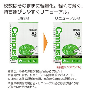 Kokuyo Campus Loose Leaf Paper for Binders, Sarasara Smooth Writing, A5, 5mm Grid Ruled, 20 Holes, 60 Sheets, pH Neutral, Bleed Resistant, 75gsm, Japan Import (NO-807S-5)