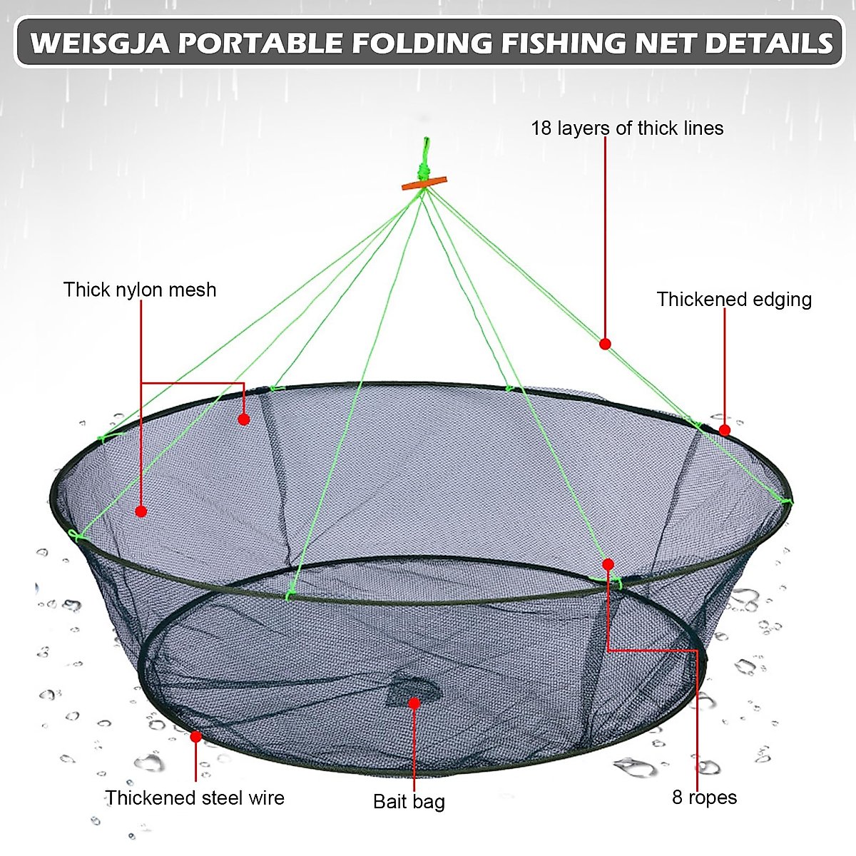 WEISGJA Portable Folded Fishing Net, Crab Net Fish Net with Fishing Rope, Hand Casting Cage Crab Net, Foldable Fishing Mesh Trap for,Minnows,Lobster,Crawfish, Shrimp etc. (39.4inch/100cm)