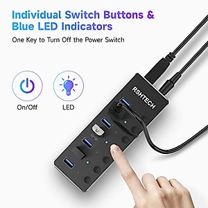 Powered UBS Hub, RSHTECH 7 Port USB 3.0/USB C Hub Upgraded Version Aluminum USB Hub with 2-in-1 USB Cable,5V 3A Power Adapter and Individual Switches, USB Port Expander Hub for Laptop and PC, RSH-ST07