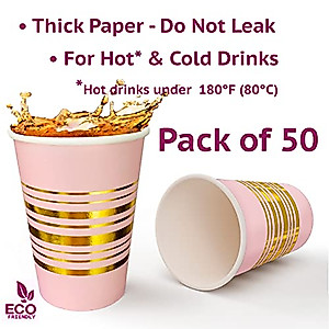 DiggHous KSG Elegant Light Pink and Gold Striped Paper Party Cups 12 oz - Pack of 50 Disposable Cups - Perfect for Bachelorette Baby Shower Birthdays - Hot and Cold Beverages